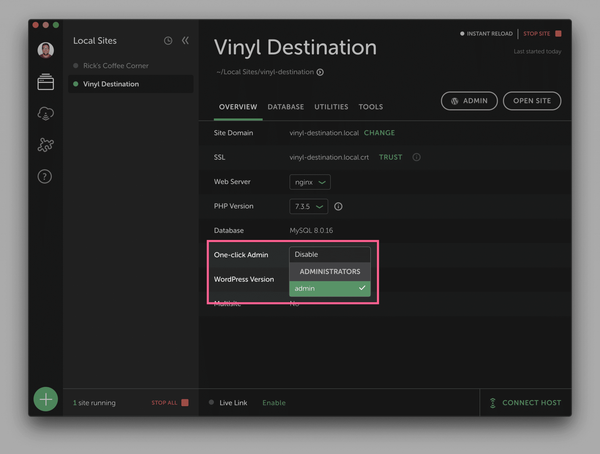 Using “One-click admin” - Local