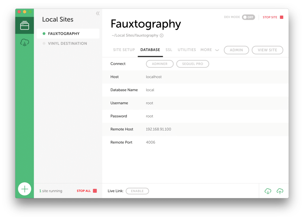Connect a different database tool - Local